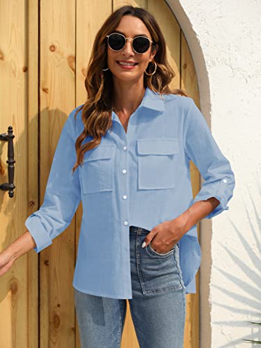 Runcati Womens Button Down Shirt Cotton Linen Long Sleeve V Neck Dress Shirts Casual Loose Roll Up Work Blouse Tops with Pockets Sky Blue