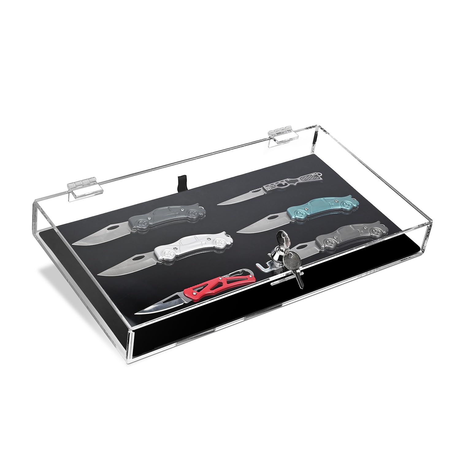 MOOCA Acrylic Rectangular Marketing Holder Locking Security Showcase Safe Box Display Tray, Perfect for Watches Jewelry, Knives, Eyewear with a Key and a Black Padding