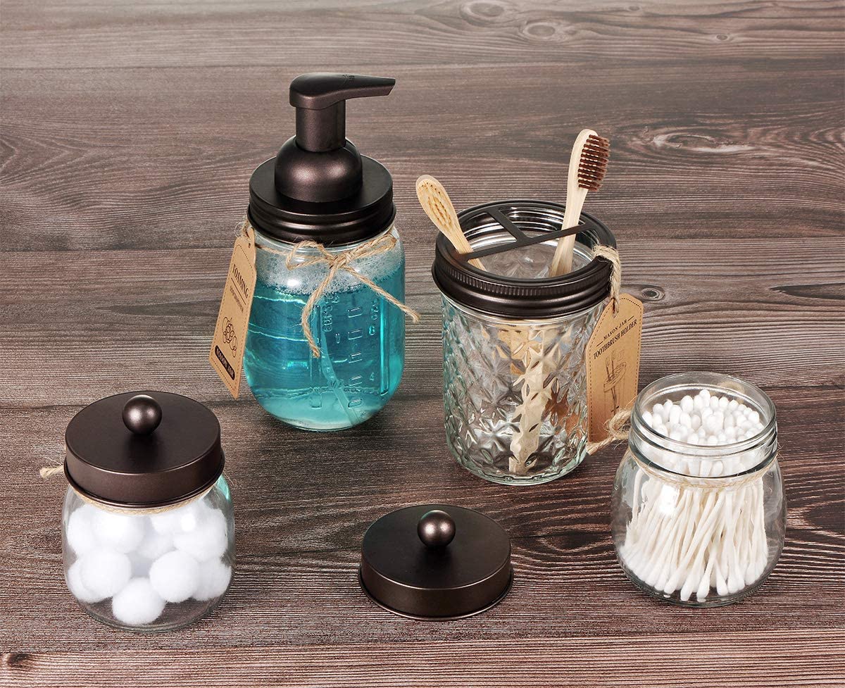 Amolliar Mason Jar Foaming Soap Dispenser Pump Lids, Foaming Pump Replacement Kit for Pint Regular Mouth Mason Jar, Refill Hand Soap, Waterproof Labels, Kitchen Bathroom Farmhouse Decor, Bronze 6 Pack
