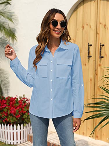 Runcati Womens Button Down Shirt Cotton Linen Long Sleeve V Neck Dress Shirts Casual Loose Roll Up Work Blouse Tops with Pockets Sky Blue