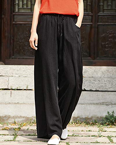 IXIMO Women's Cotton Linen Wide Leg Pants Casual Drawstring Lounge Palazzo Loose Trousers Black L
