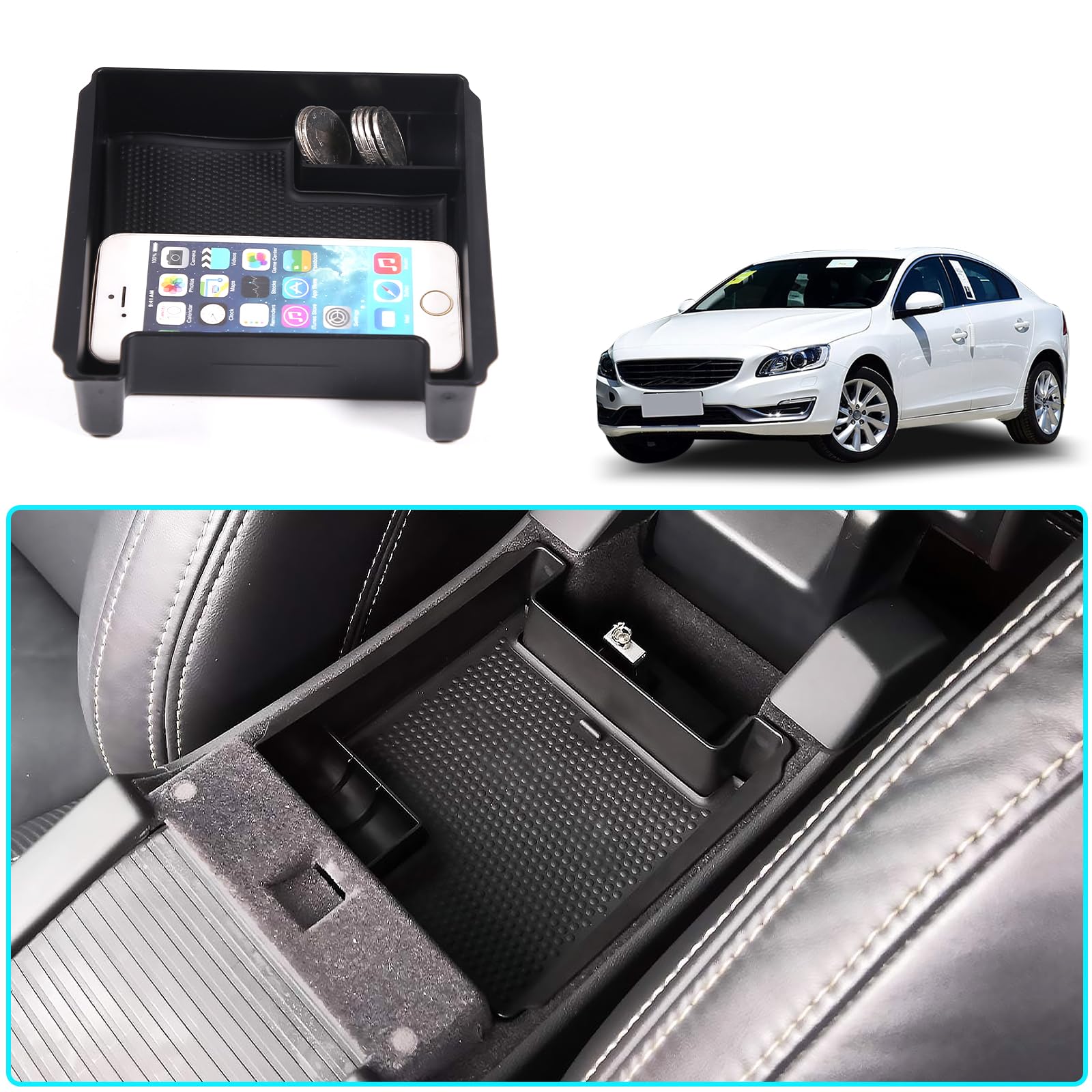 Black Armrest Storage Box Center Console Organizers Phone Tray with Mat and Logo Fit for Volvo S60 S60L V60 XC60 2009-2017