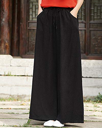 IXIMO Women's Cotton Linen Wide Leg Pants Casual Drawstring Lounge Palazzo Loose Trousers Black L