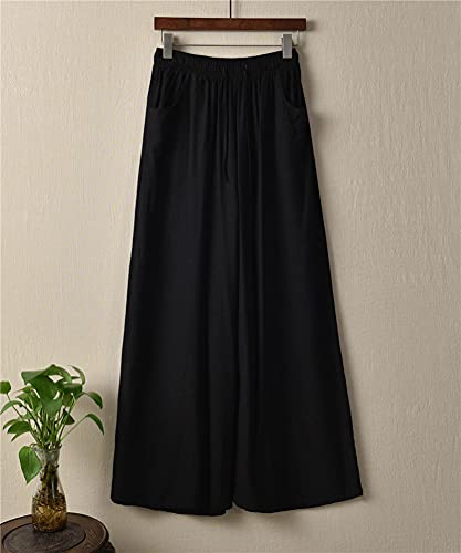 IXIMO Women's Cotton Linen Wide Leg Pants Casual Drawstring Lounge Palazzo Loose Trousers Black L