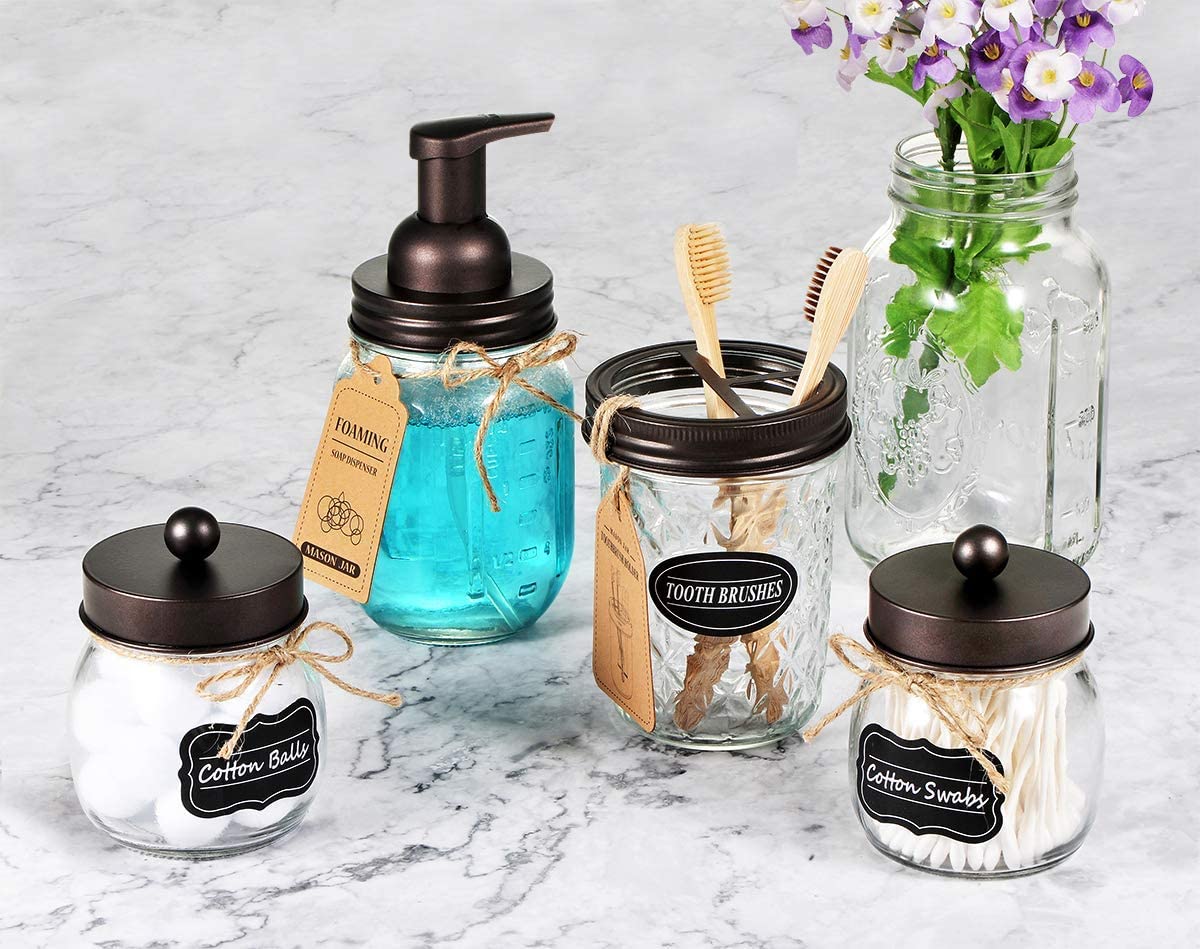 Amolliar Mason Jar Foaming Soap Dispenser Pump Lids, Foaming Pump Replacement Kit for Pint Regular Mouth Mason Jar, Refill Hand Soap, Waterproof Labels, Kitchen Bathroom Farmhouse Decor, Bronze 6 Pack