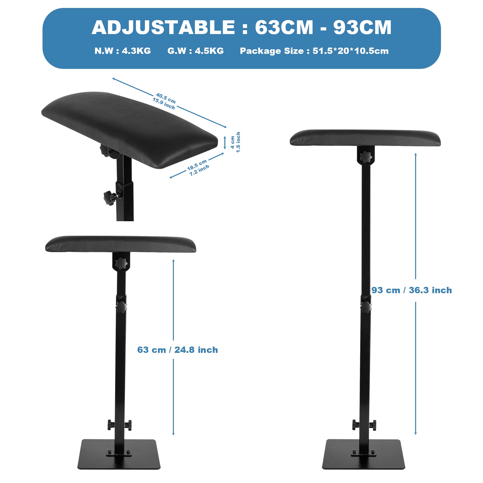 CAKMSMAO Professional Heavy Duty Iron Tattoo Armrest - Adjustable Height and Tilt, Leg Rest Stand with PU Leather Arm Bar Pad