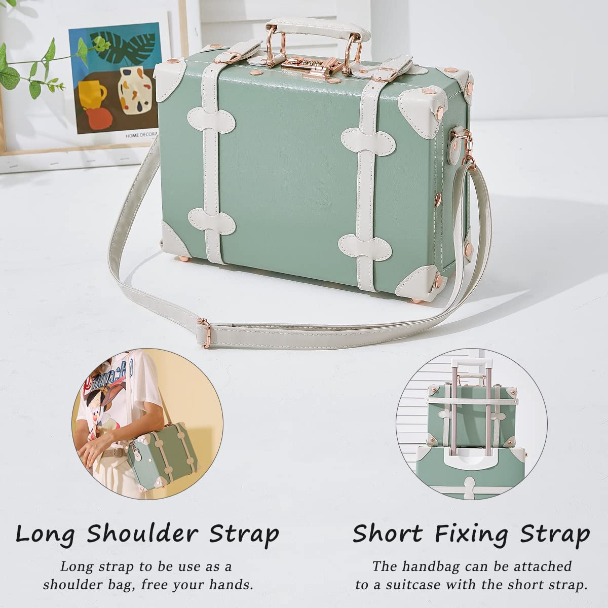 Unitravel 3 Piece Vintage Combination Suitcase Set, Hard Shell Retro Travel Trunk Luggage with Train Bag for Women (Matcha Green, 26"+20"+12")