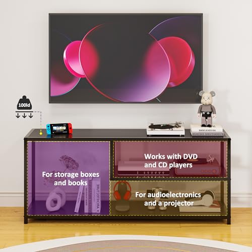 HOME BI TV Stand for 50-55 Inch TV, Entertainment Center with Storage, Wood Console for Living Room, Black Cabinet with Metal Frame