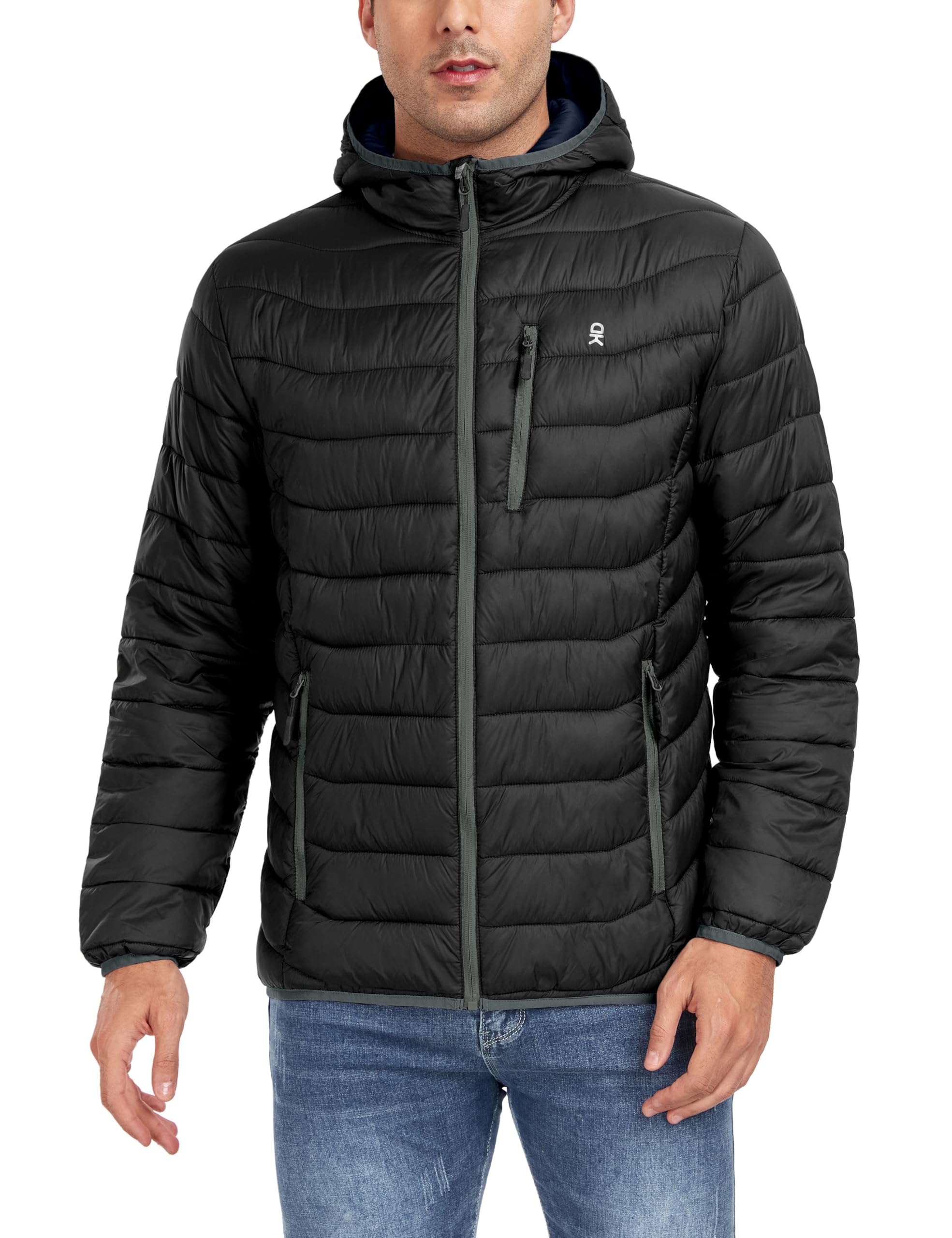 Little Donkey Andy Men's Packable Lightweight Puffer Jacket Hooded Windproof Winter Coat with Recycled Insulation Black L