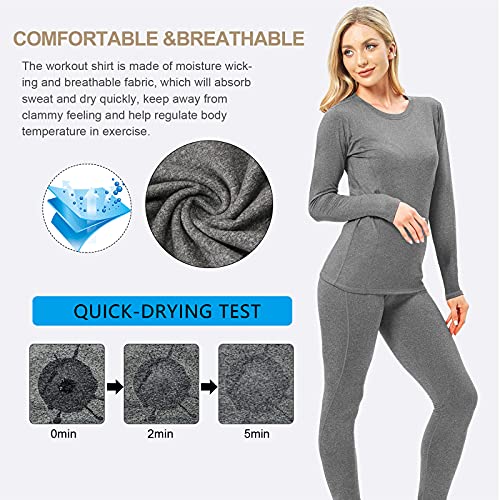 MeetHoo Thermal Underwear for Women, Winter Warm Base Layer Compression Set, Fleece Lined Long Johns Running Skiing Gray
