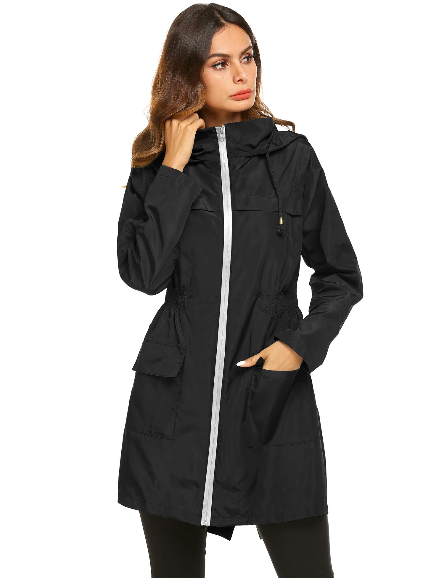 LOMON Raincoats Waterproof Lightweight Rain Jacket Active Outdoor Hooded Women's Trench Coats(Black XL)