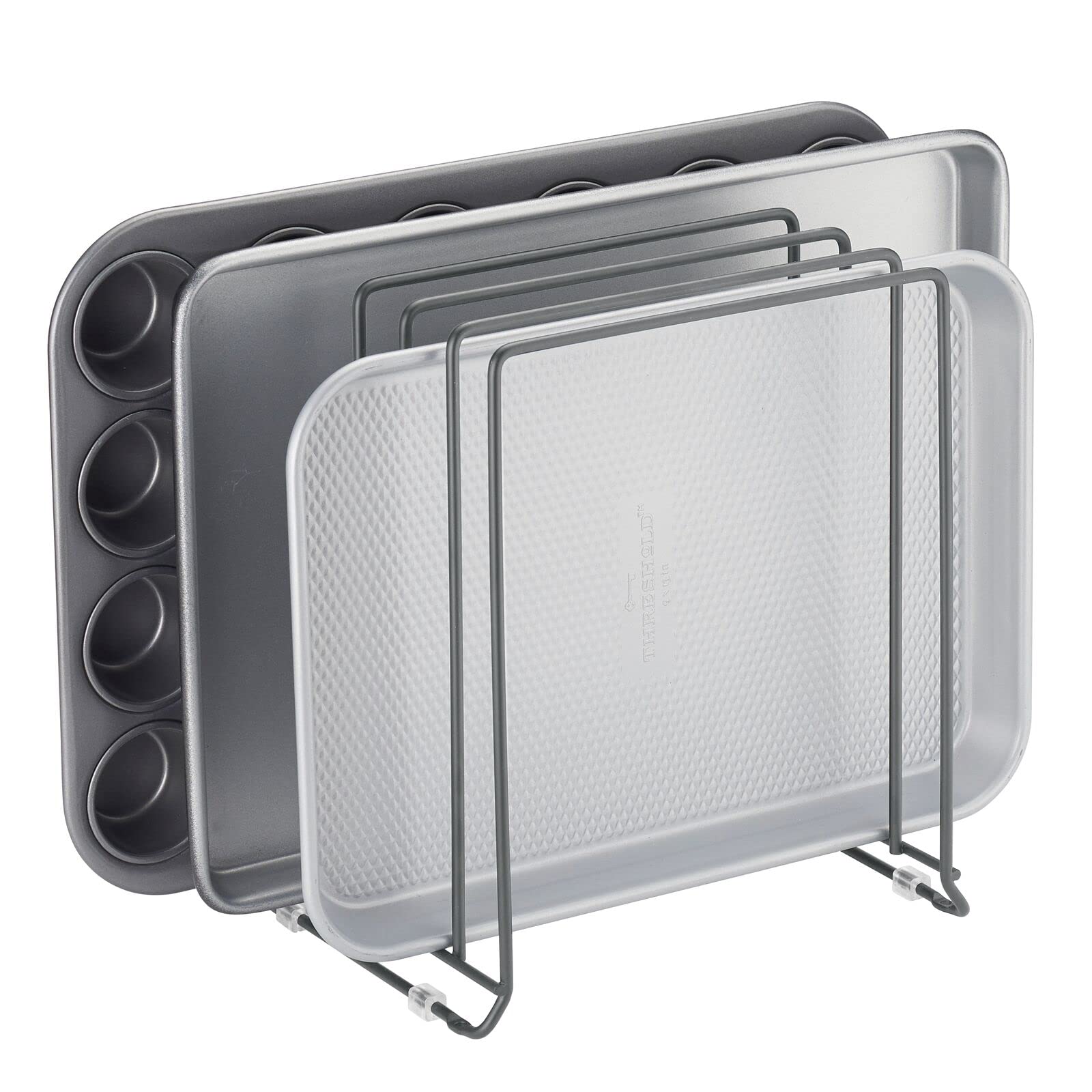 mDesign Pot Lid and Pan Rack — Metal Wire Rack for Cabinets, Pantries or Kitchen Surfaces — Freestanding Pan Stand with 5 Slots for Pans, Pots, Lids and Crockery — Dark Grey