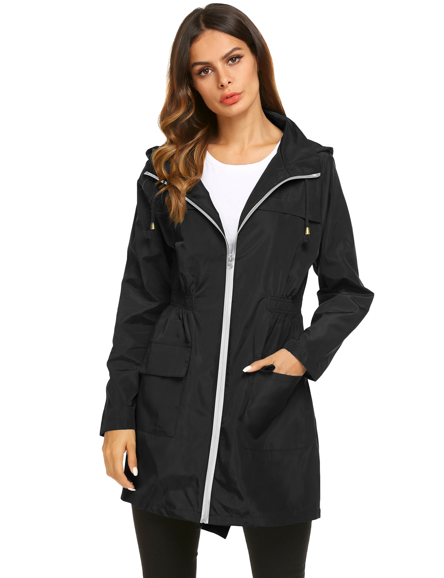 LOMON Raincoats Waterproof Lightweight Rain Jacket Active Outdoor Hooded Women's Trench Coats(Black XL)