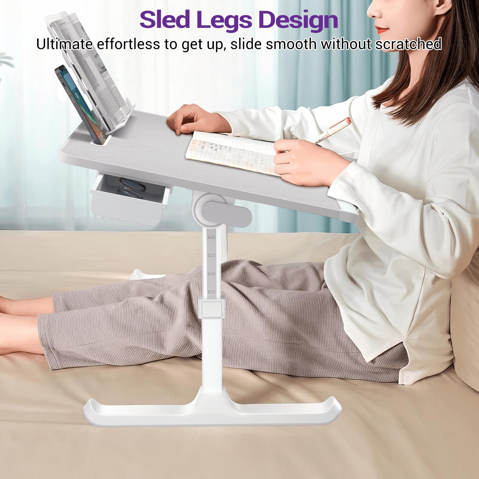 NEARPOW XXL Bed Table Desk for Laptop and Writing, Adjustable Computer Tray Laptop Stand for Bed or Sofa with Anti-slip Leather, Removable Stopper, Book Stand and Drawer - Gray