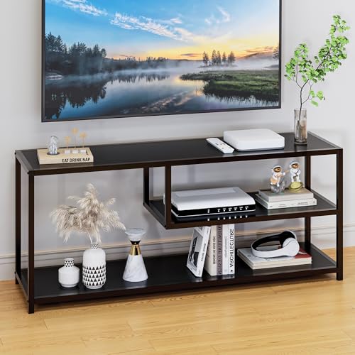 HOME BI TV Stand for 50-55 Inch TV, Entertainment Center with Storage, Wood Console for Living Room, Black Cabinet with Metal Frame