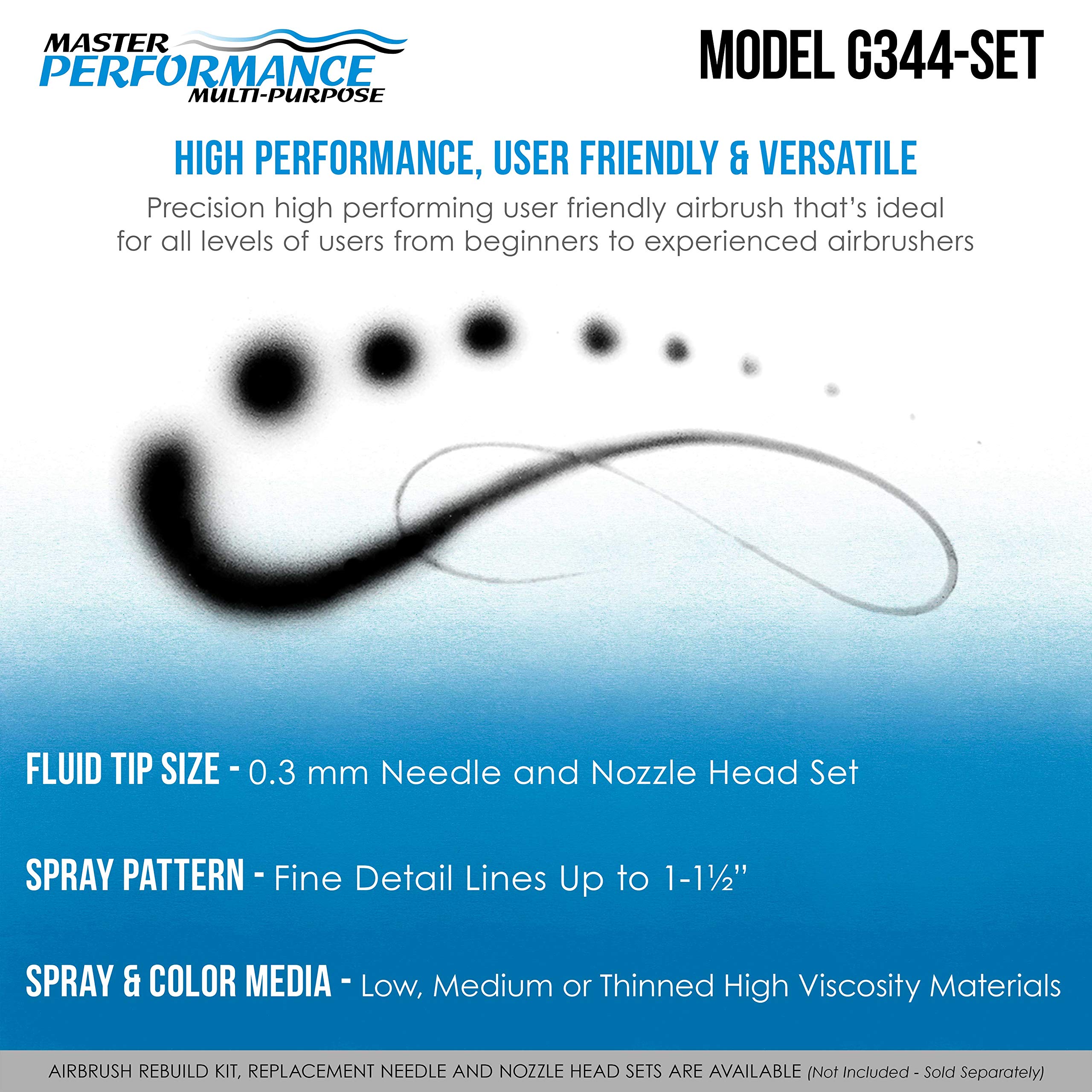 Master Airbrush Model G344 Multi-Purpose Dual-Action Gravity Feed Airbrush with 3 Nozzle Sets (0.2, 0.3 & 0.5mm Needles, Fluid Tips and Air Caps) 1/16 oz. Fluid Cup - User Friendly, Versatile Set Kit