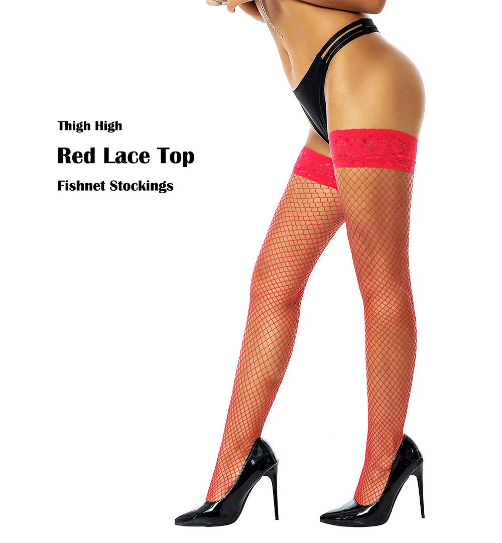 JarseHera Fishnets Thigh High stockings Silicone Lace Top Tights Stay Up Sheer Nylon Hosiery (1 Pair Red, L/XL)