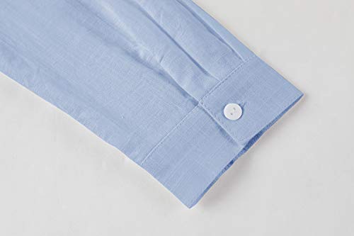 Runcati Womens Button Down Shirt Cotton Linen Long Sleeve V Neck Dress Shirts Casual Loose Roll Up Work Blouse Tops with Pockets Sky Blue