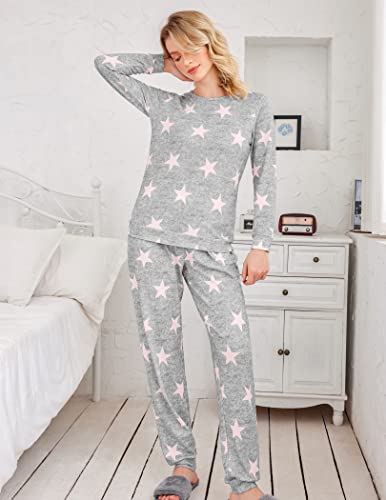 Ekouaer Womens Pajama Set Long Sleeve Sleepwear Star Print Nightwear Soft Pjs Lounge Sets with Pockets light Grey Pink Star Medium