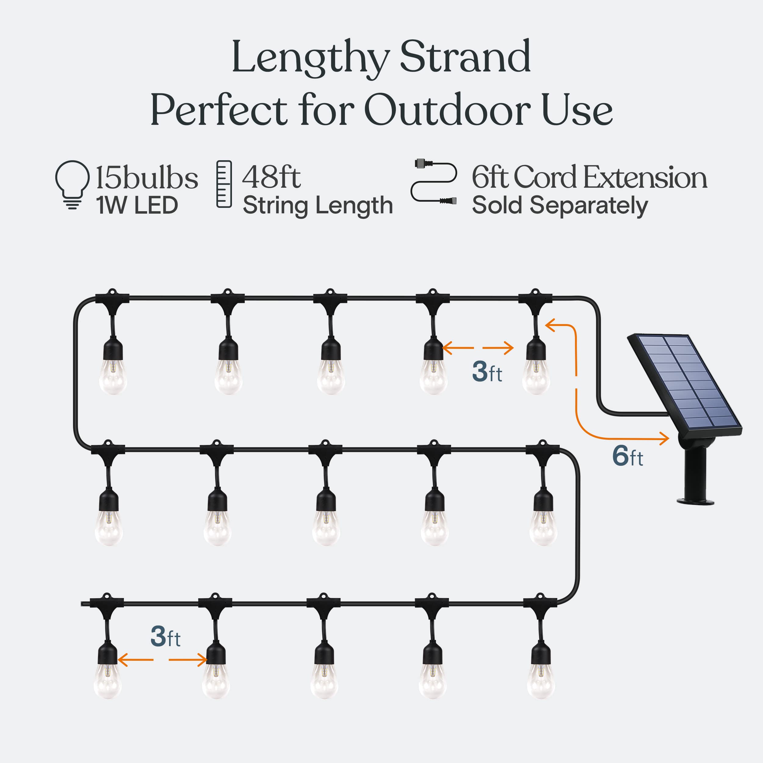 Brightech Ambience Pro Solar Powered Outdoor String Lights, 48 ft Commercial Grade Waterproof Patio Lights, 15 Edison Bulbs, Shatterproof LED String Lights for Outside, Porch - 1W Warm White