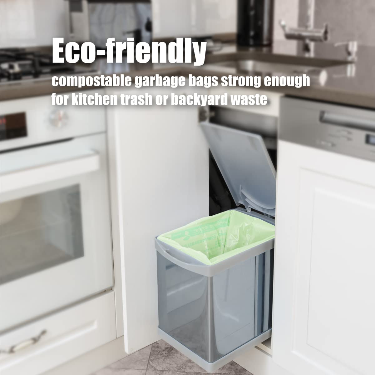 POWERTEC Compostable Bags, 13 Gallon (49.2 Liter), 50 Count, Extra Thick 0.85 Mil Kitchen Scrap Waste Bag, ASTM D6400 US BPI & European OK Compost Home Certified, Biodegradable Yard Waste Trash Bag