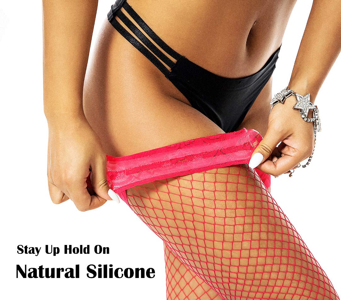 JarseHera Fishnets Thigh High stockings Silicone Lace Top Tights Stay Up Sheer Nylon Hosiery (1 Pair Red, L/XL)