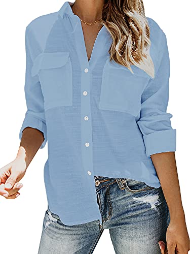 Runcati Womens Button Down Shirt Cotton Linen Long Sleeve V Neck Dress Shirts Casual Loose Roll Up Work Blouse Tops with Pockets Sky Blue