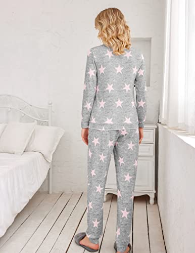 Ekouaer Womens Pajama Set Long Sleeve Sleepwear Star Print Nightwear Soft Pjs Lounge Sets with Pockets light Grey Pink Star Medium