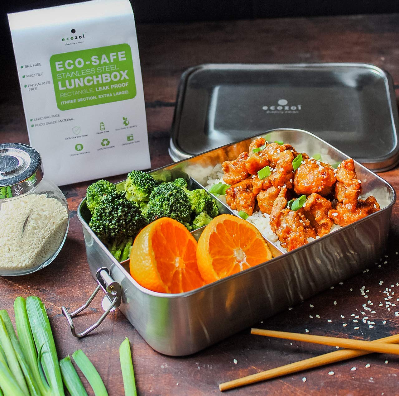 ecozoi Stainless Steel Lunch Box, Leak Proof 3 Compartment, Medium | Redesigned Silicone Seal | Sustainable Zero Waste Eco Friendly Bento Box Food Storage Container