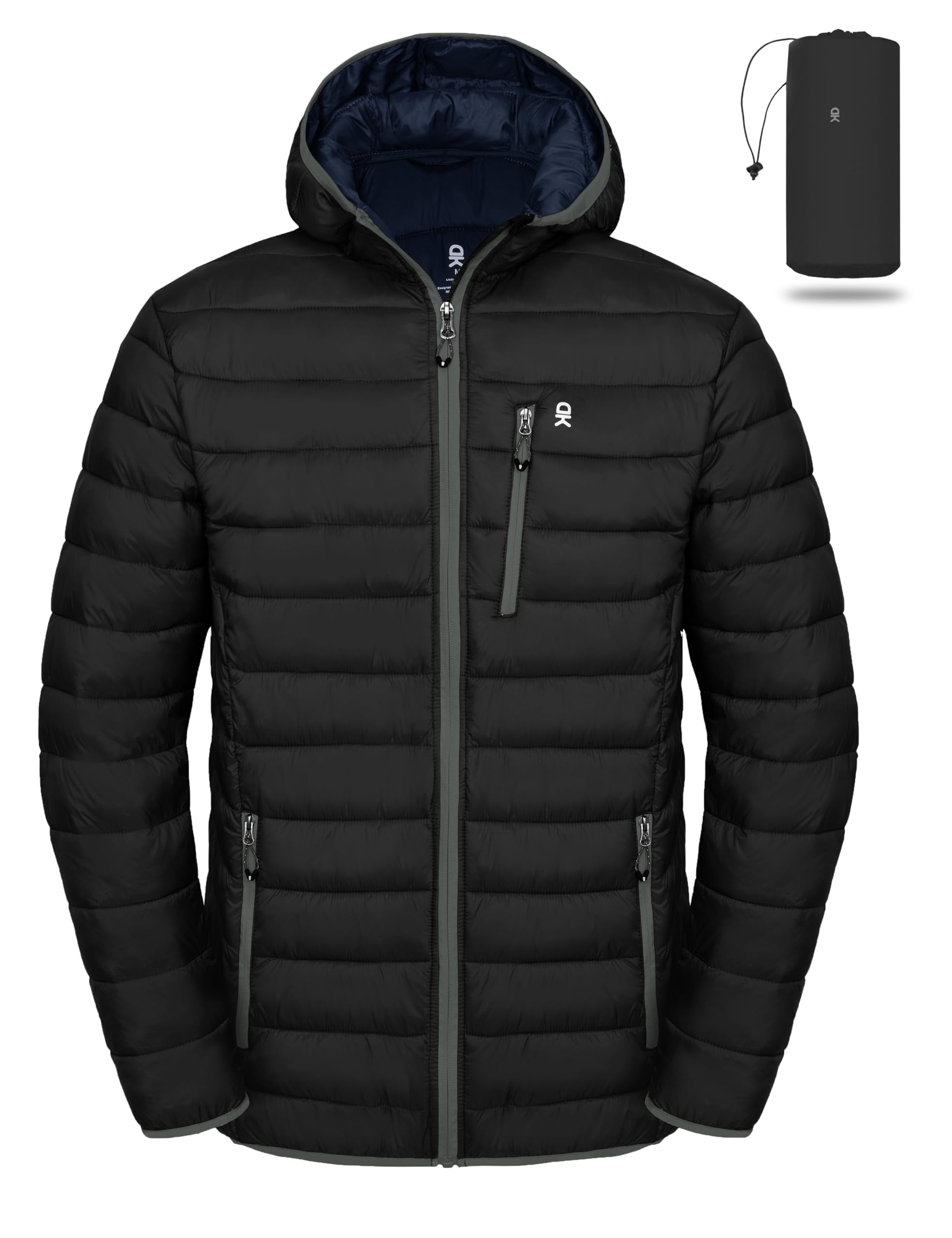 Little Donkey Andy Men's Packable Lightweight Puffer Jacket Hooded Windproof Winter Coat with Recycled Insulation Black L