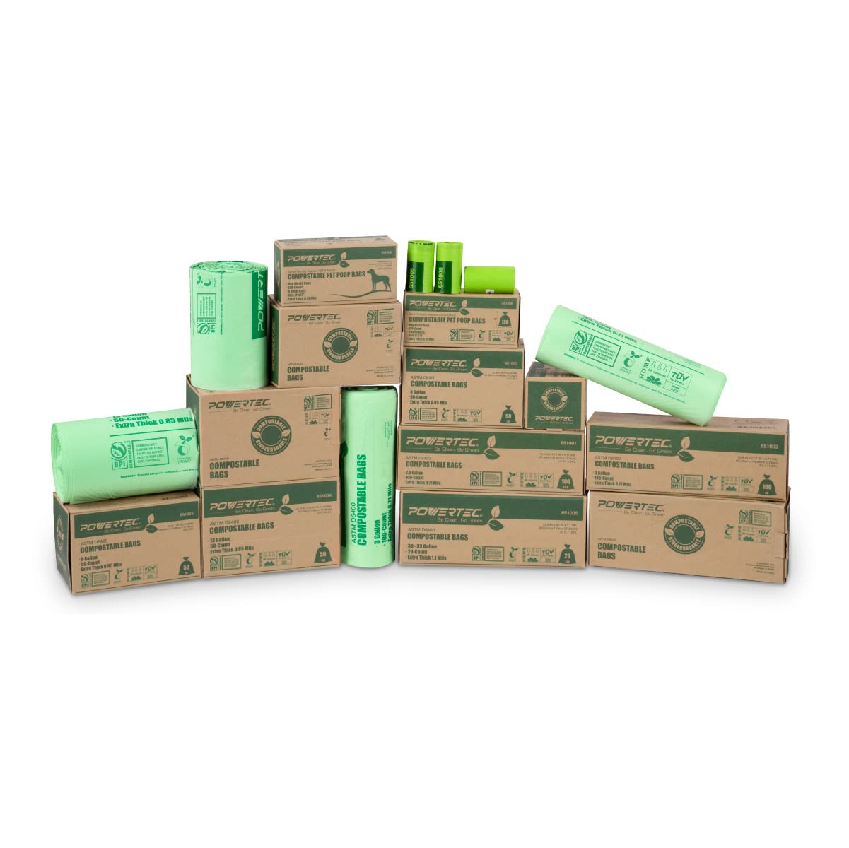 POWERTEC Compostable Bags, 13 Gallon (49.2 Liter), 50 Count, Extra Thick 0.85 Mil Kitchen Scrap Waste Bag, ASTM D6400 US BPI & European OK Compost Home Certified, Biodegradable Yard Waste Trash Bag