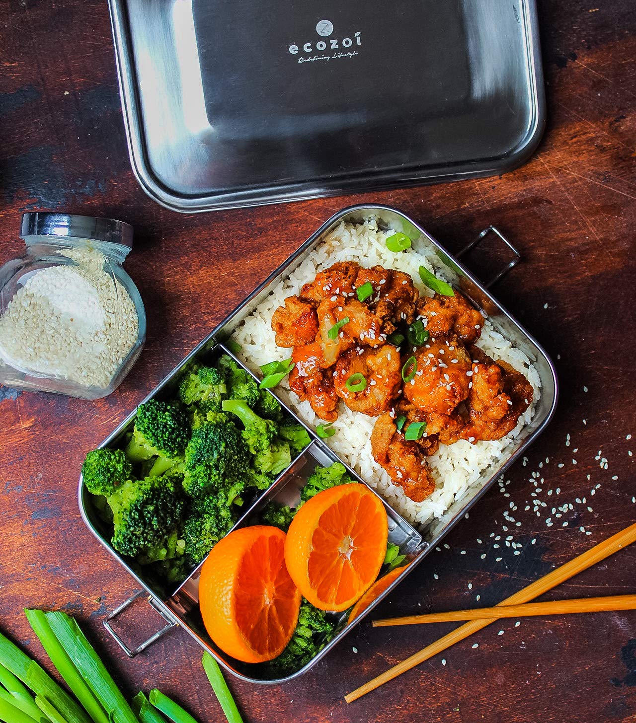 ecozoi Stainless Steel Lunch Box, Leak Proof 3 Compartment, Medium | Redesigned Silicone Seal | Sustainable Zero Waste Eco Friendly Bento Box Food Storage Container