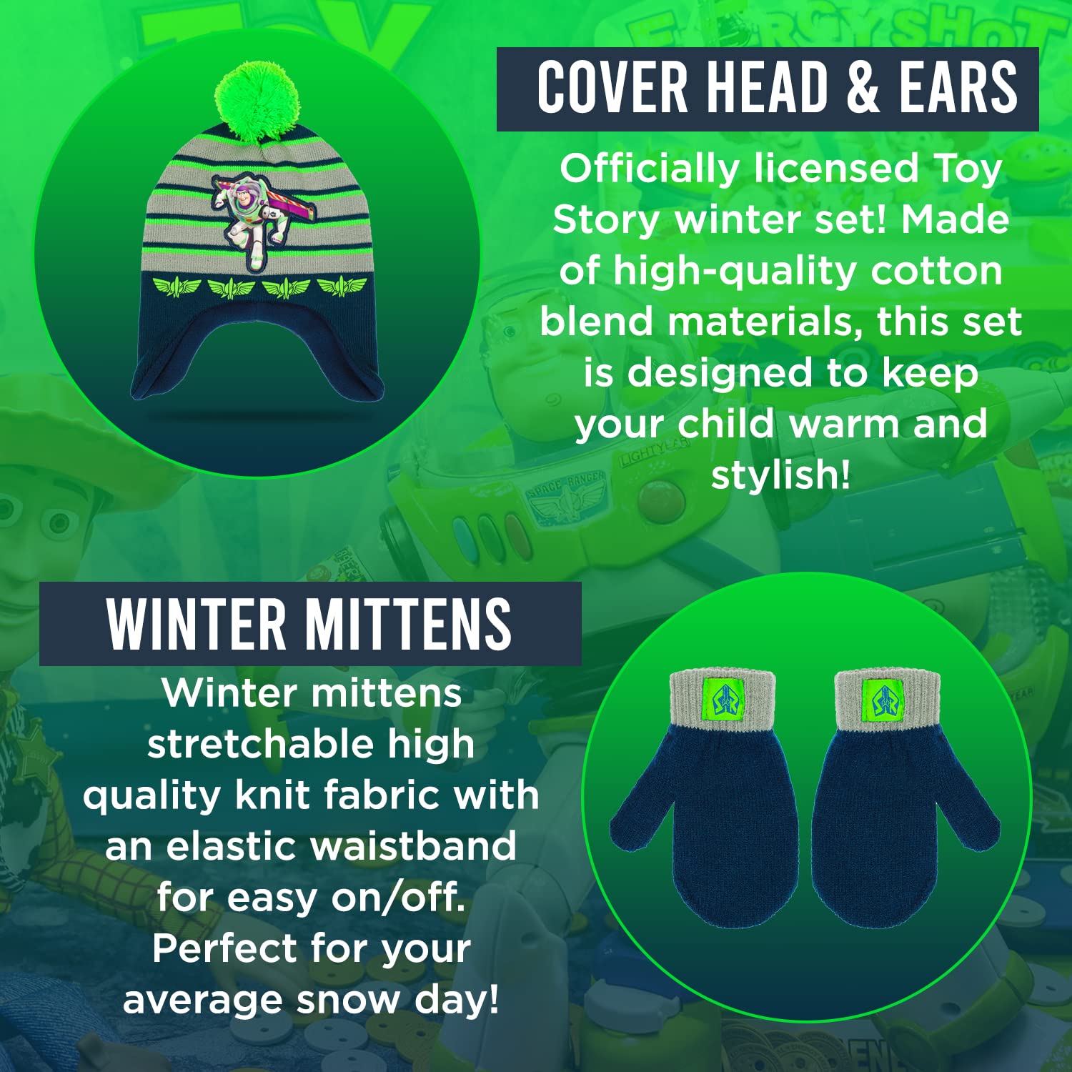 Disney Toy Story Buzz Lightyear Toddler Winter Hat and Snow Gloves for Boys 2 Pc. Set, Soft Mittens with Warm Pom-Pom Beanie