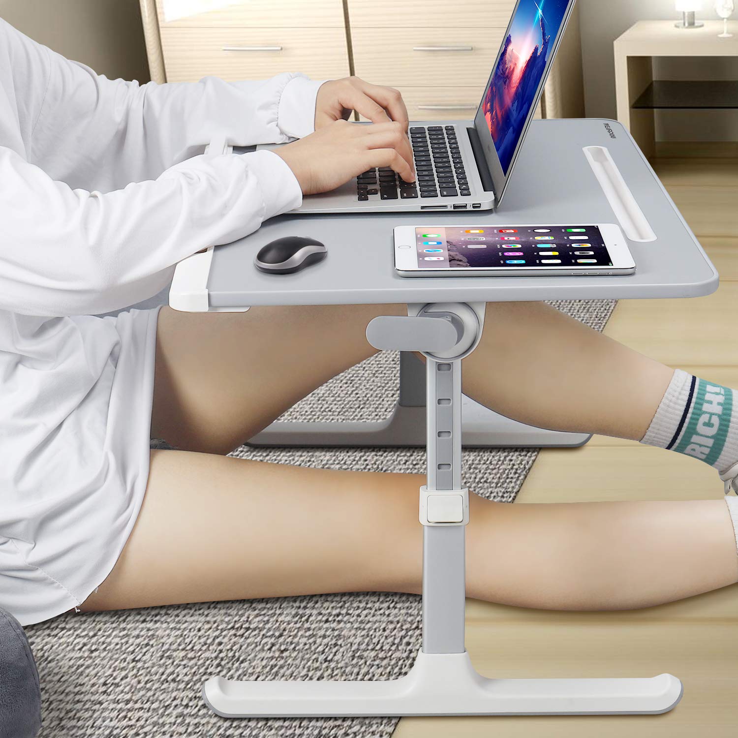 NEARPOW XXL Bed Table Desk for Laptop and Writing, Adjustable Computer Tray Laptop Stand for Bed or Sofa with Anti-slip Leather, Removable Stopper, Book Stand and Drawer - Gray
