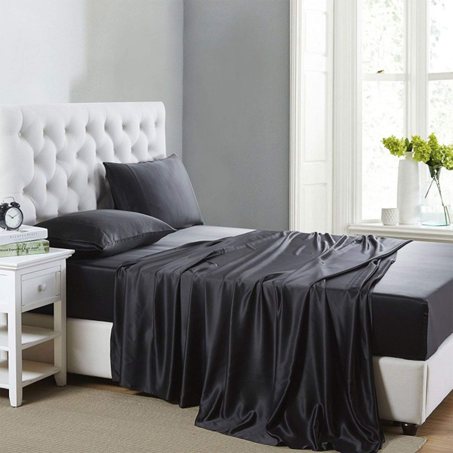 Lanest Housing Silk Satin Sheets, Twin Size Satin Bed Sheet Set with Deep Pockets, Cooling Soft and Hypoallergenic Satin Sheets Twin - Black