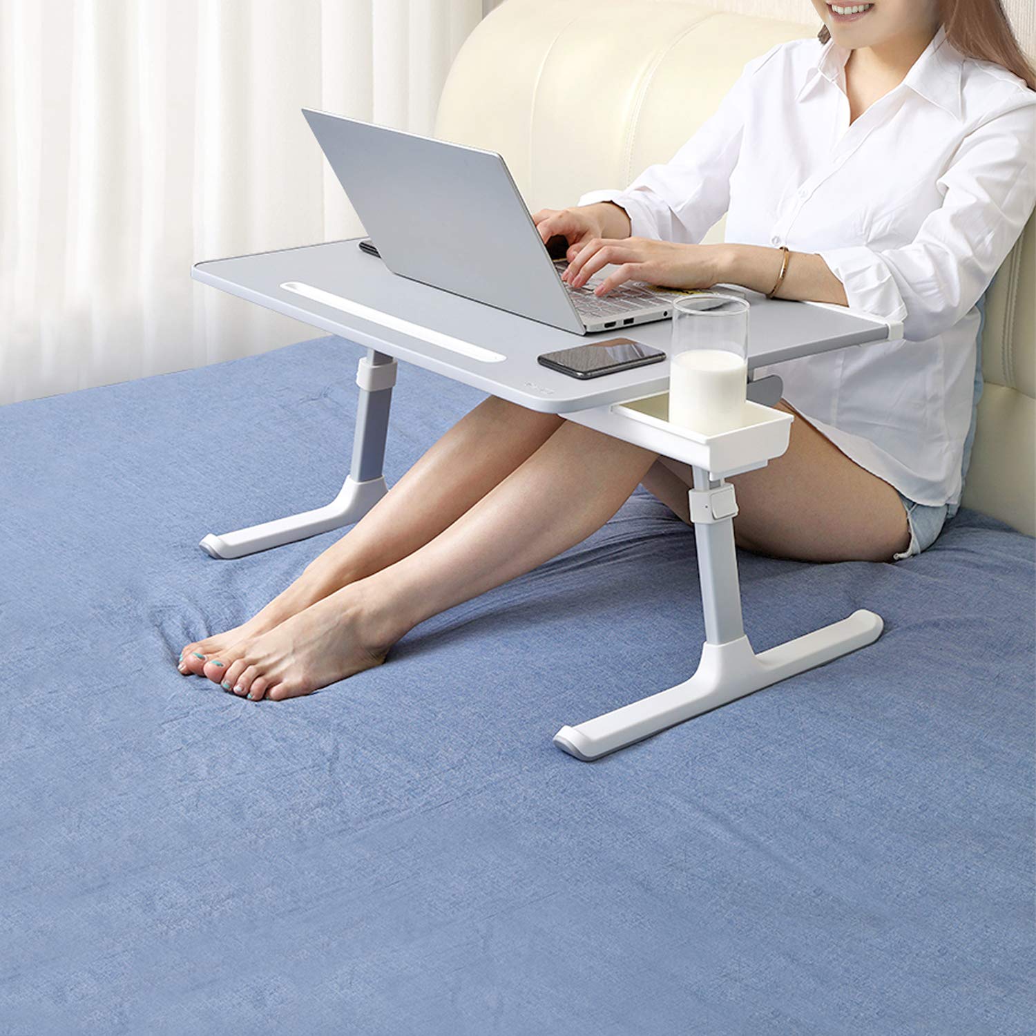 NEARPOW XXL Bed Table Desk for Laptop and Writing, Adjustable Computer Tray Laptop Stand for Bed or Sofa with Anti-slip Leather, Removable Stopper, Book Stand and Drawer - Gray