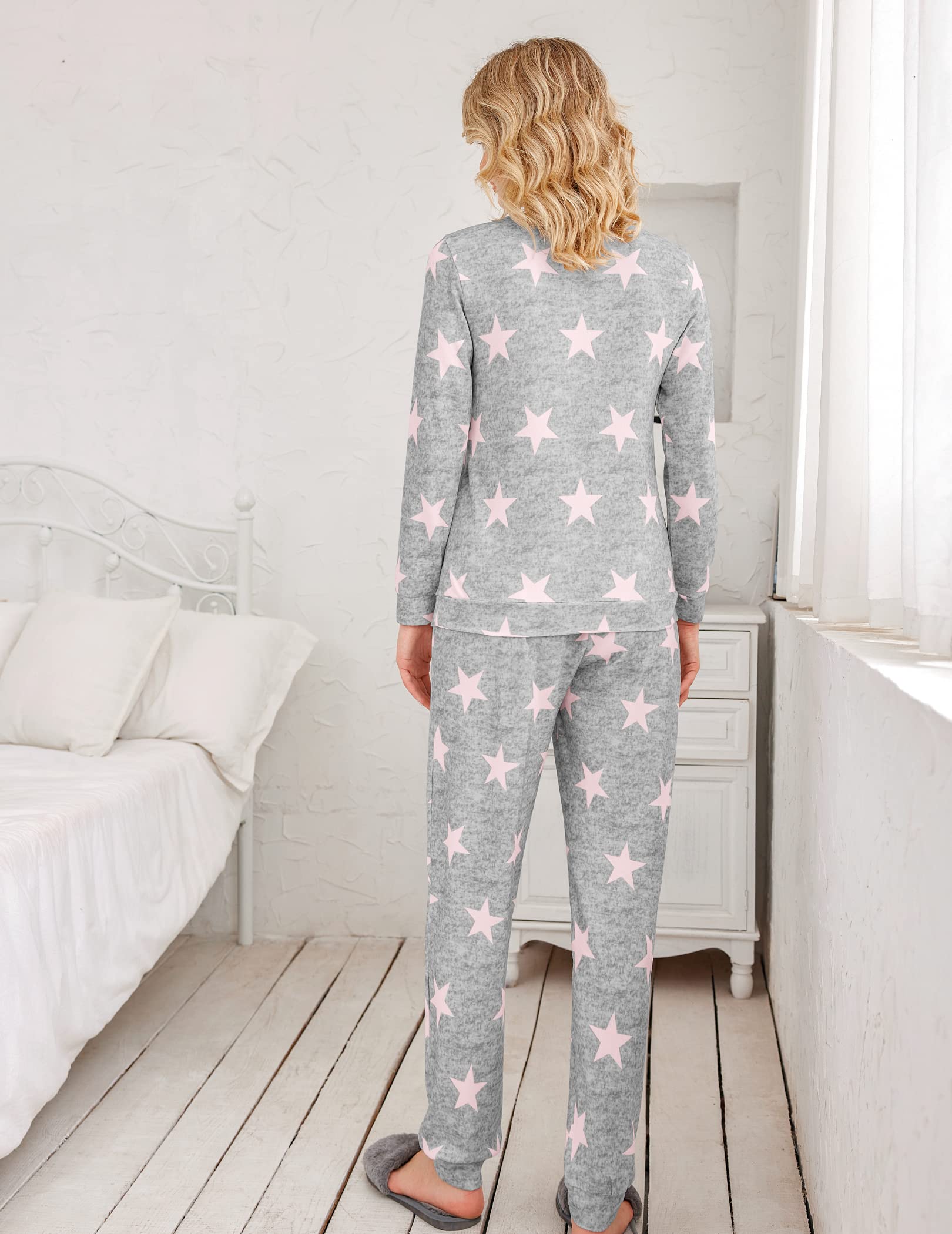 Ekouaer Womens Pajama Set Long Sleeve Sleepwear Star Print Nightwear Soft Pjs Lounge Sets with Pockets light Grey Pink Star XX-Large