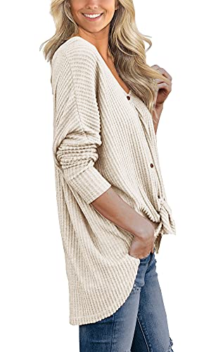 IWOLLENCE Womens Loose Henley Blouse Bat Wing Long Sleeve Button Down T Shirts Tie Front Knot Tops Oatmeal, M