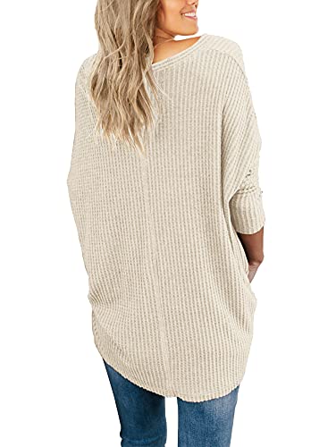 IWOLLENCE Womens Loose Henley Blouse Bat Wing Long Sleeve Button Down T Shirts Tie Front Knot Tops Oatmeal, M