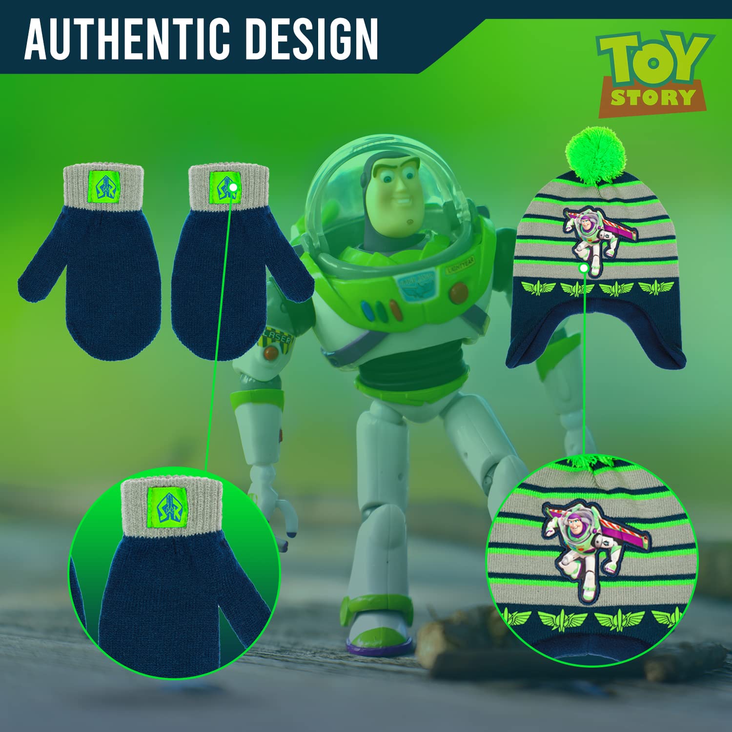 Disney Toy Story Buzz Lightyear Toddler Winter Hat and Snow Gloves for Boys 2 Pc. Set, Soft Mittens with Warm Pom-Pom Beanie
