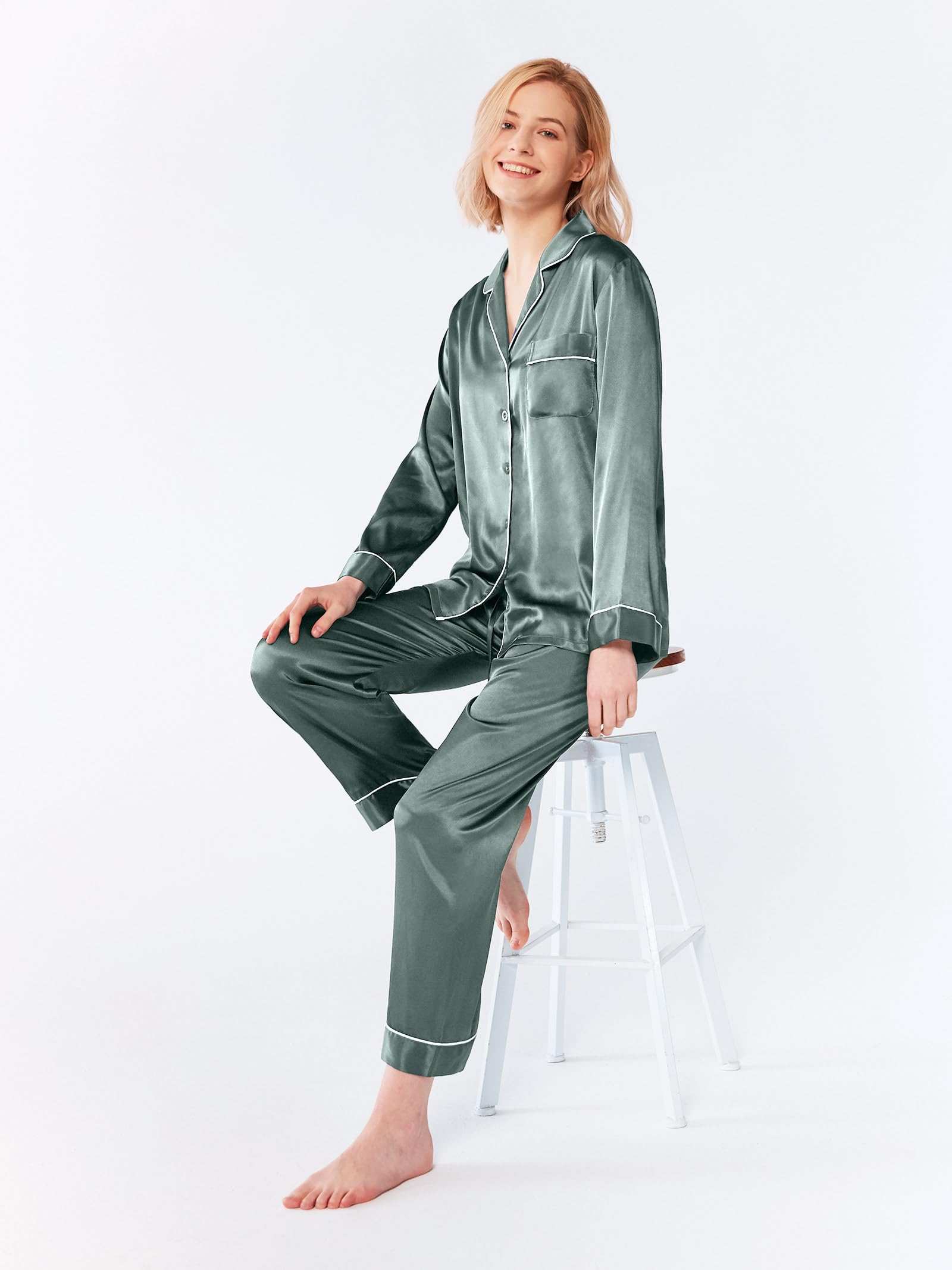 SIORO Womens Pajama Sets Silk PJ Satin Pijamas Two Piece Pants Set Sleepwear Loungewear PJS Plus Size, Greyish Green, X-Large