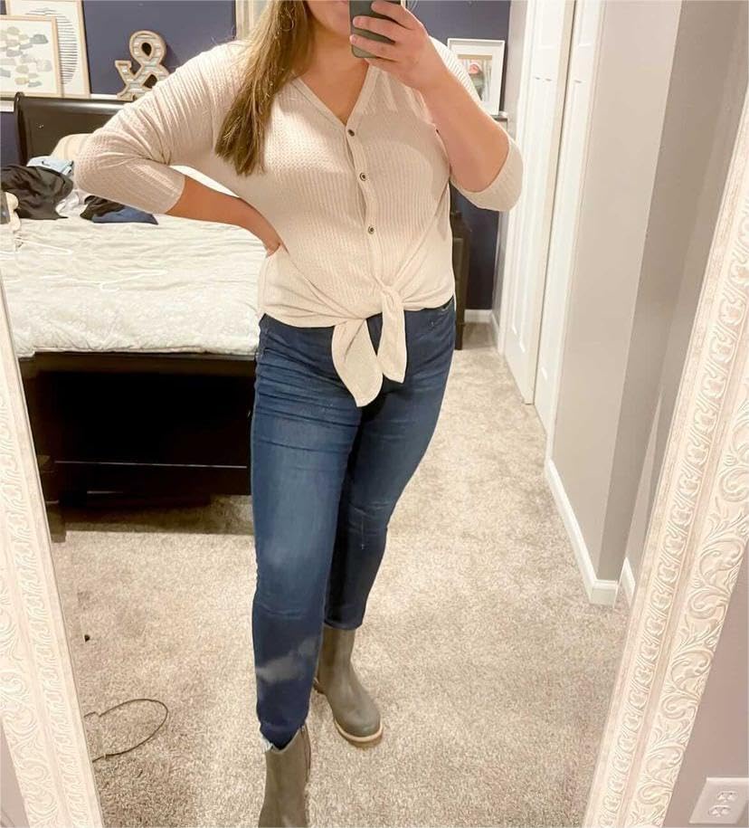 IWOLLENCE Womens Loose Henley Blouse Bat Wing Long Sleeve Button Down T Shirts Tie Front Knot Tops Oatmeal, M