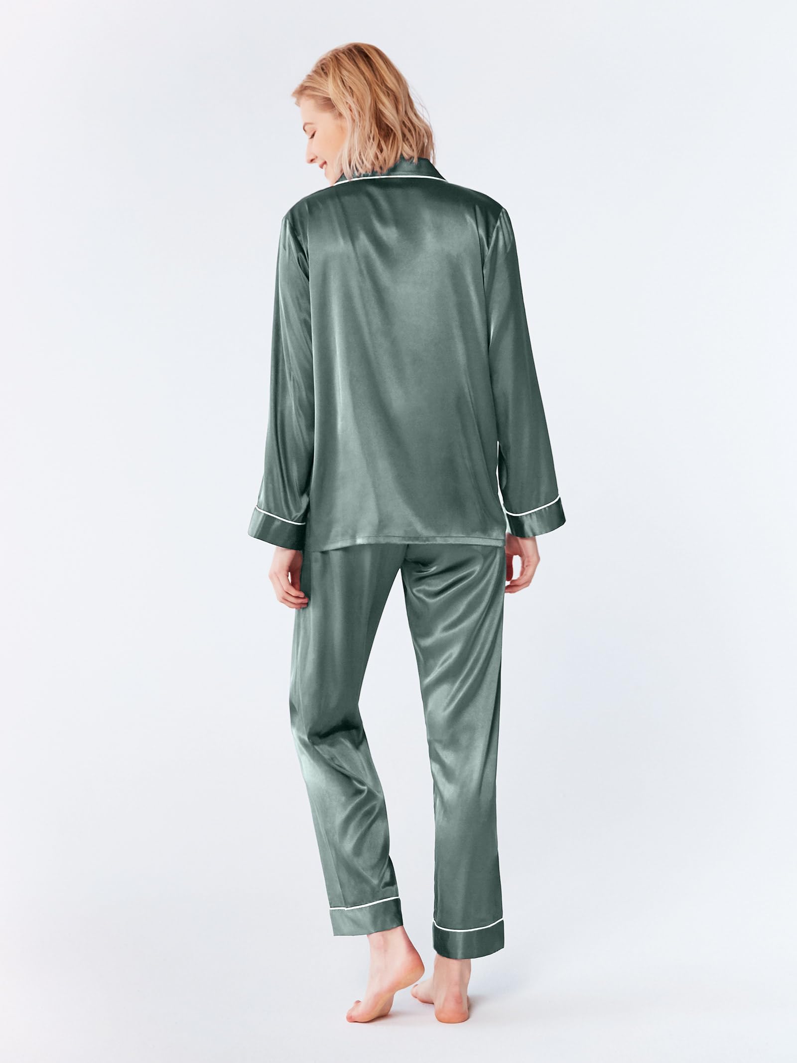 SIORO Womens Pajama Sets Silk PJ Satin Pijamas Two Piece Pants Set Sleepwear Loungewear PJS Plus Size, Greyish Green, X-Large
