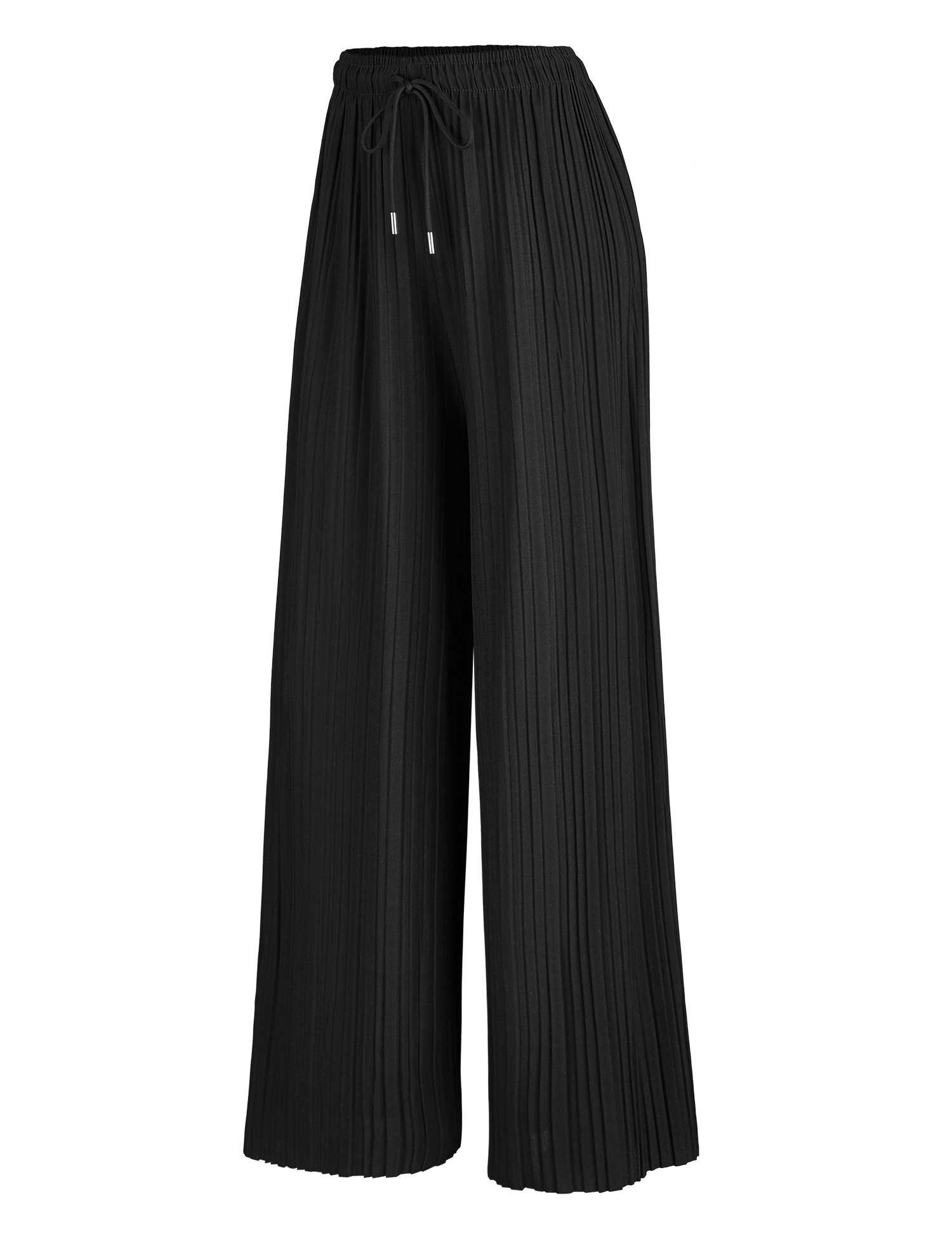 LL WB1485 Womens Casual High Waisted Pleated Palazzo Pants Trousers with Drawstring Plus Black