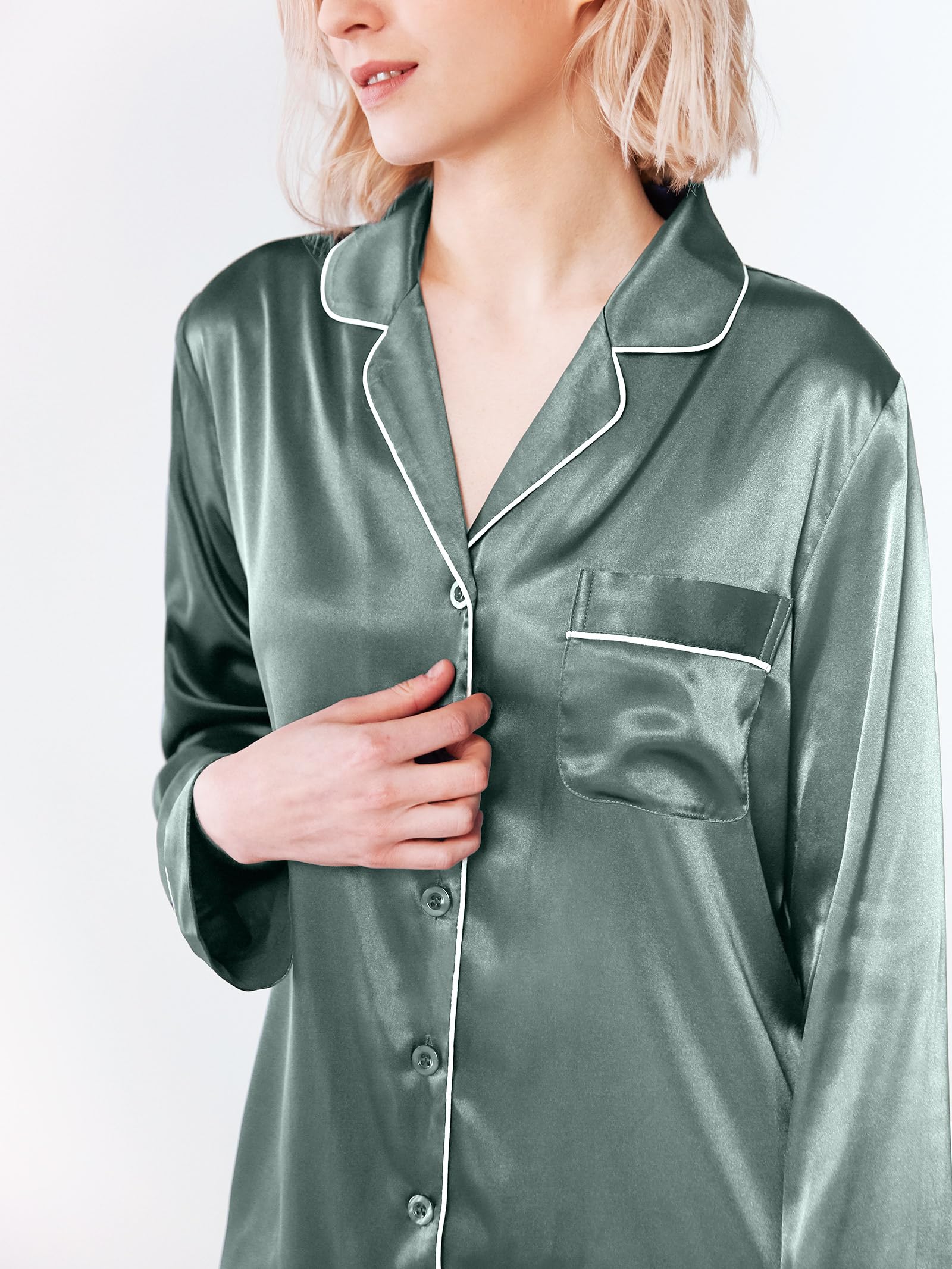 SIORO Womens Pajama Sets Silk PJ Satin Pijamas Two Piece Pants Set Sleepwear Loungewear PJS Plus Size, Greyish Green, X-Large