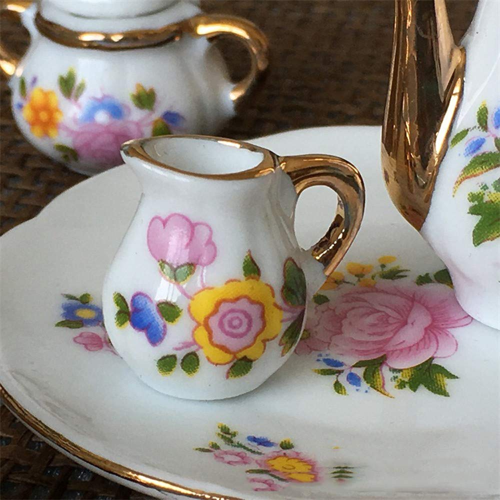 SXFSE Dollhouse Decoration Kitchen Accessories, 8pcs Dining Ware Porcelain Tea Cup Set Pink Dish Cup Plate with Golden Trim 1/6 Dollhouse Miniature