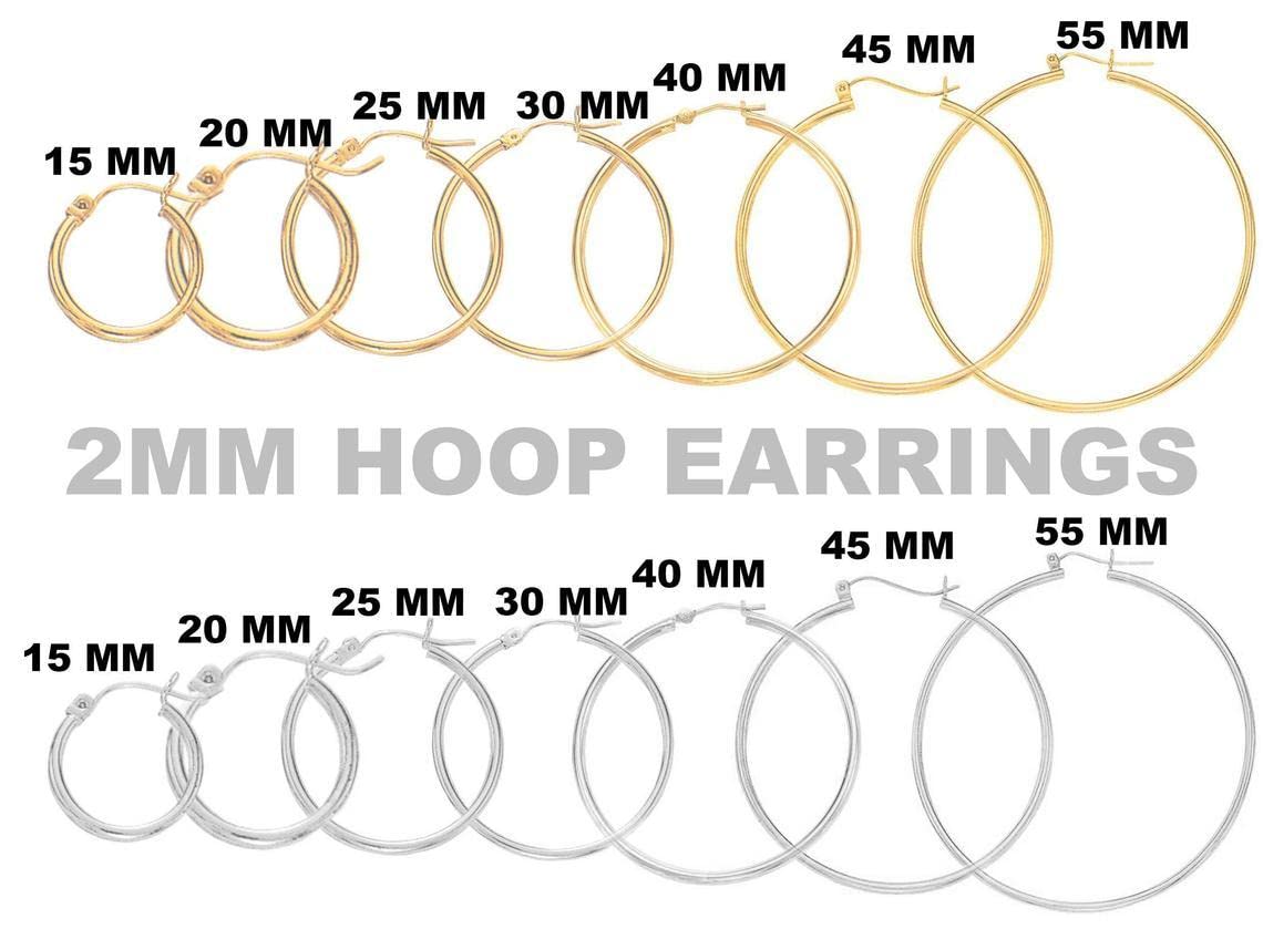 14k REAL White Gold 20MMx2.0MM Thickness Classic Polished Round Tube Hoop Earrings with Snap Post Closure For Women