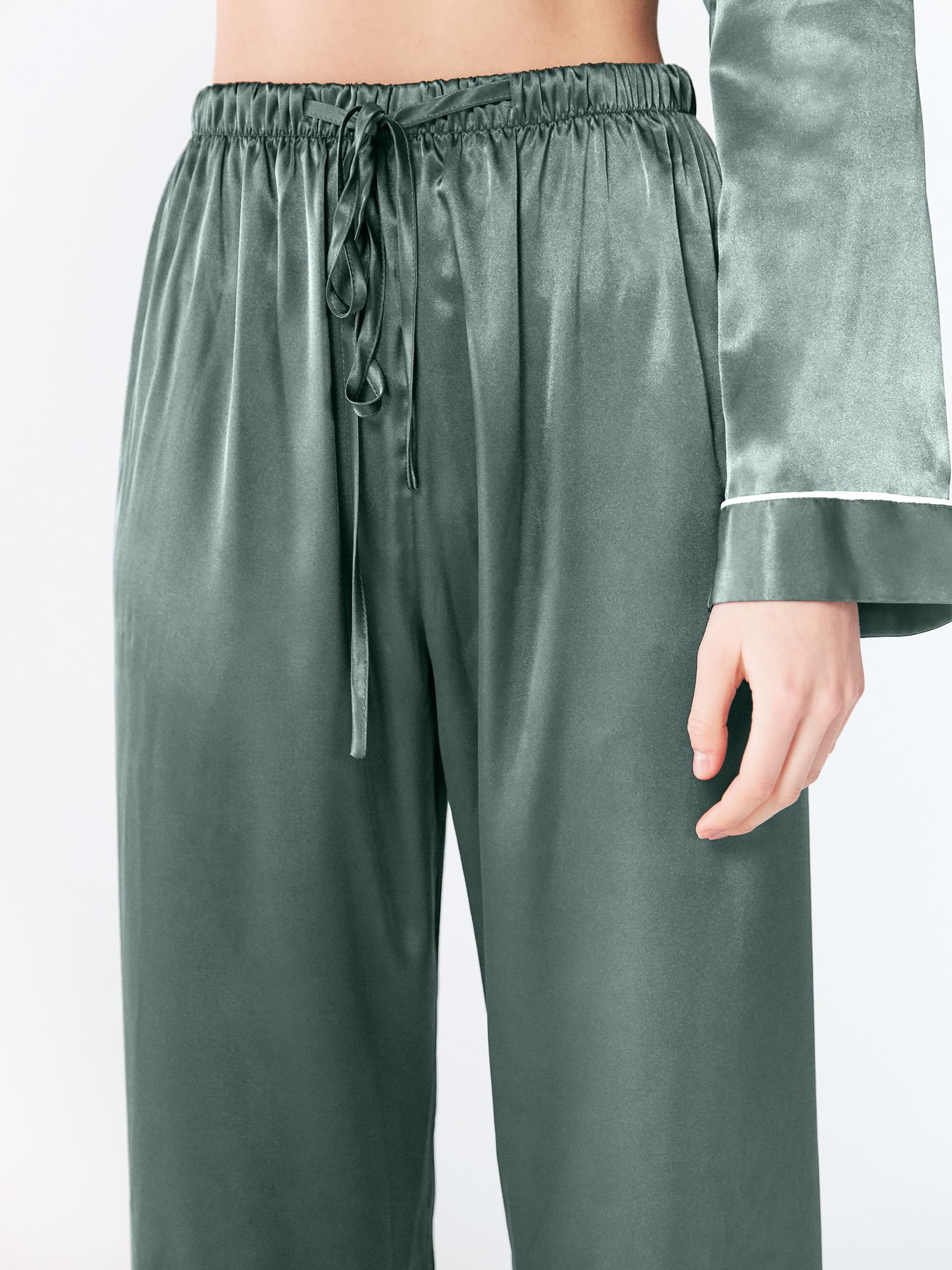 SIORO Womens Pajama Sets Silk PJ Satin Pijamas Two Piece Pants Set Sleepwear Loungewear PJS Plus Size, Greyish Green, X-Large