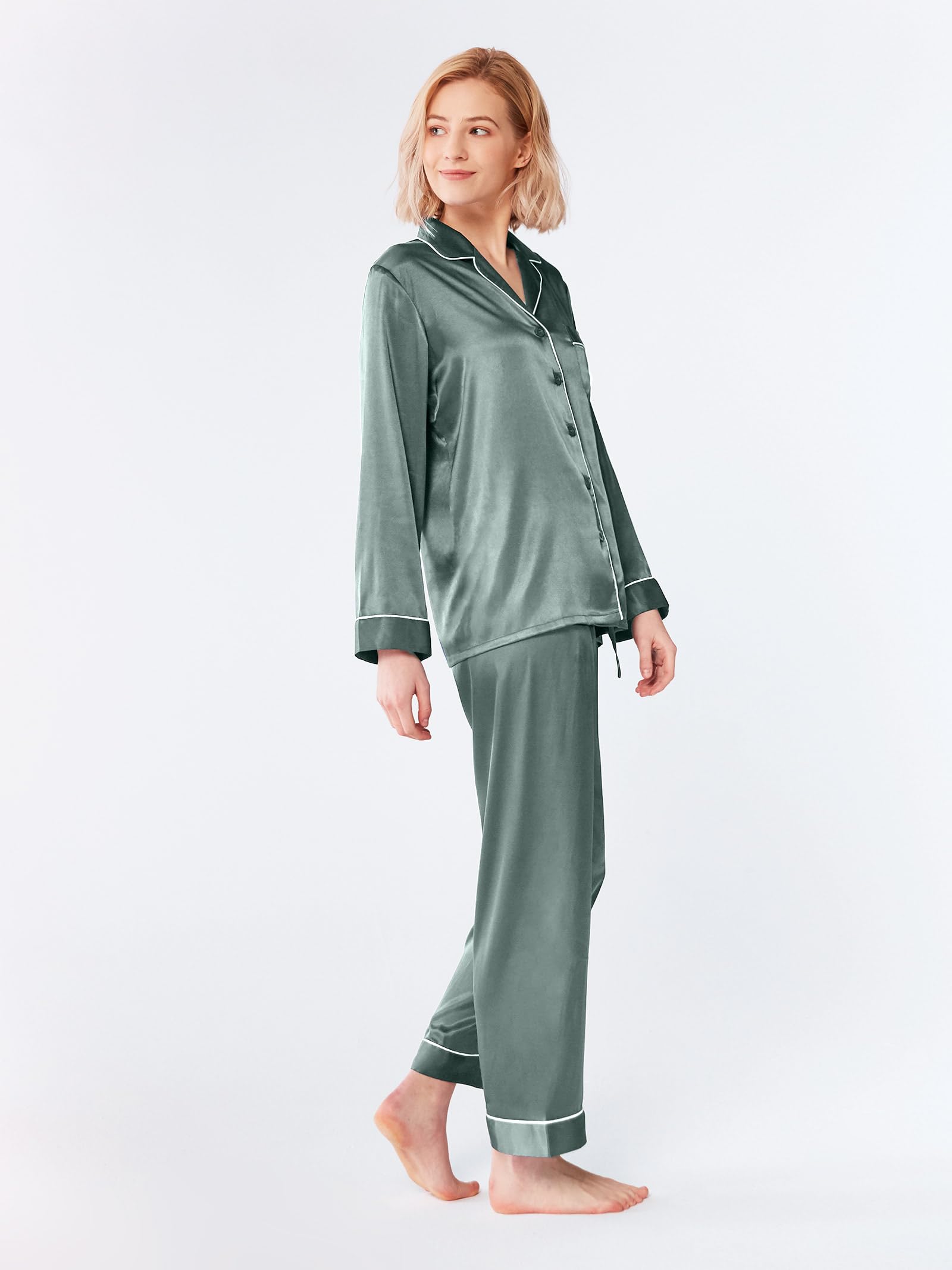 SIORO Womens Pajama Sets Silk PJ Satin Pijamas Two Piece Pants Set Sleepwear Loungewear PJS Plus Size, Greyish Green, X-Large