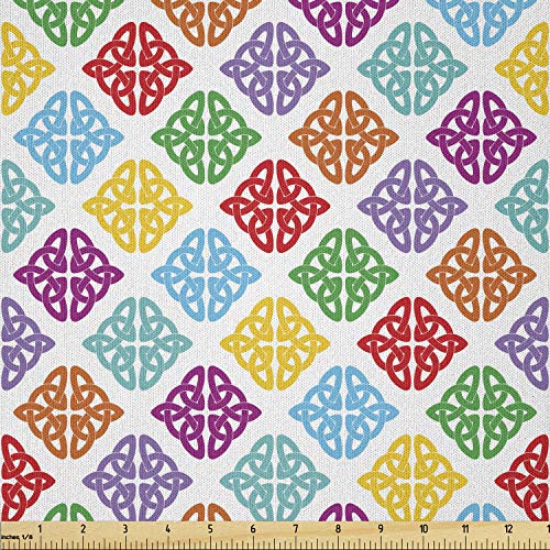 Lunarable Celtic Knot Fabric by The Yard, Colorful Antique European Ornate Design Mythological with Curved Lines, Microfiber Fabric for Arts and Crafts Textiles & Decor, Multicolor